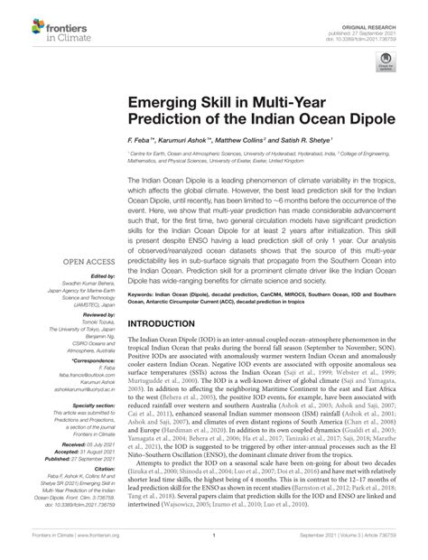 Pdf Emerging Skill In Multi Year Prediction Of The Indian Ocean Dipole