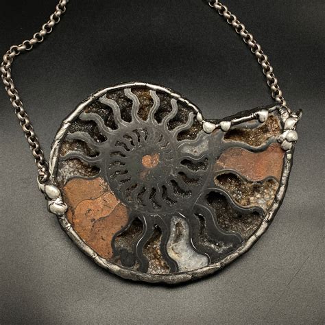 Fibonacci ~ Xl Fossil Black Ammonite Necklace Lily In Flux