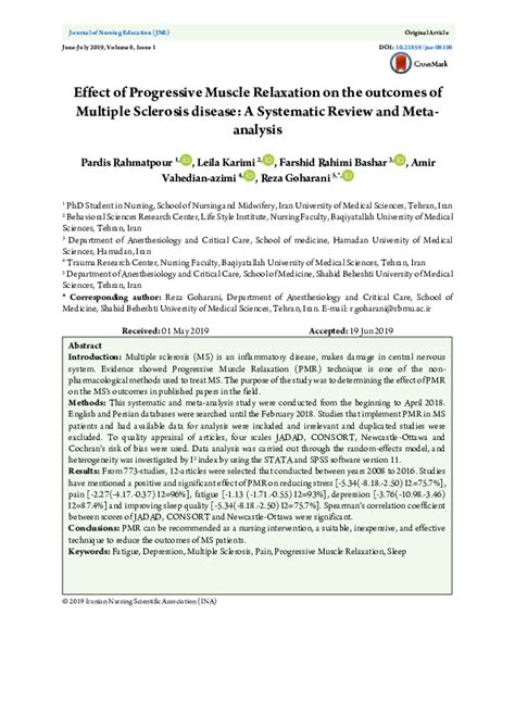 Pdf Effect Of Progressive Muscle Relaxation On The Outcomes Of Multiple Sclerosis Disease A