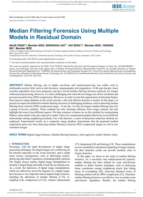 Pdf Median Filtering Forensics Using Multiple Models In Residual Domain