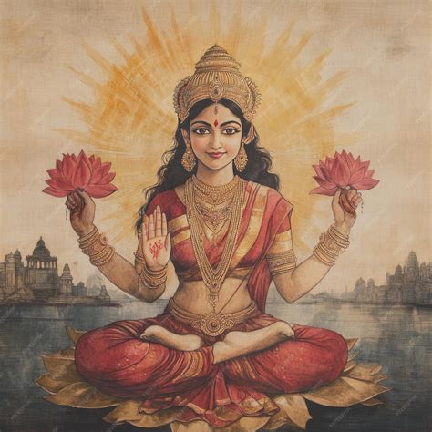 印度教女神拉克什米 Lakshmi 的美丽描绘她坐在莲花姿势中后面有两朵莲花背景是城市的天际线 Premium Ai