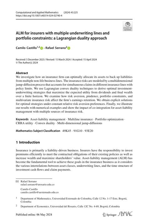 Pdf Alm For Insurers With Multiple Underwriting Lines And Portfolio Constraints A Lagrangian