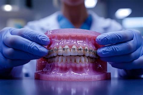Skilled Dentist Carefully Places Metallic Braces On Patient S Teeth