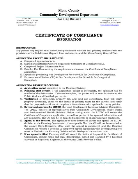 Mono County California Certificate Of Compliance Fill Out Sign