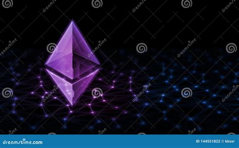 3d Rendering Of Ethereum Eth Glowing Led Hologram On Computer Abstract Data Binary Background