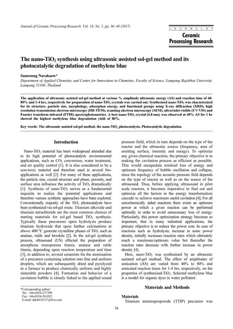 Pdf The Nano Tio2 Synthesis Using Ultrasonic Assisted Sol Gel Method And Its Photocatalytic