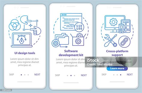 소프트웨어 개발 온보딩 모바일 앱 페이지 화면 벡터 템플릿 응용 프로그램 프로그래밍 선형 일러스트레이션이 있는 웹 사이트 연습