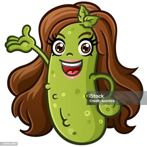 Pickle Girl With Brown Hair And Outstretched Arms Cartoon Mascot Stock