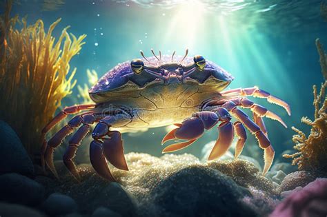 Underwater Closeup Picture Of The Crab And Sunlight In The Ocean Reef
