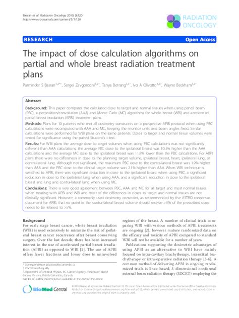 Pdf The Impact Of Dose Calculation Algorithms On Partial And Whole Breast Radiation Treatment
