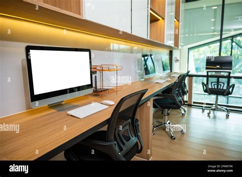 Workspace Desk Computer Desktop Blank Screen In Front Of Window In Office Blank Screen Monitor