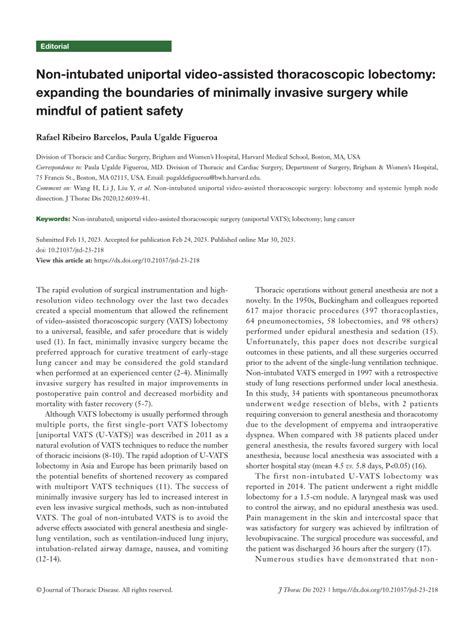 Pdf Non Intubated Uniportal Video Assisted Thoracoscopic Lobectomy Expanding The Boundaries