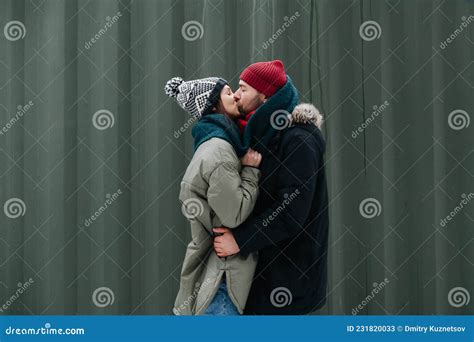 Passionate Couple In Love Kissing Outdoors At Winter Stock Image
