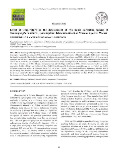 Pdf Effect Of Temperature On The Development Of Two Pupal Parasitoid
