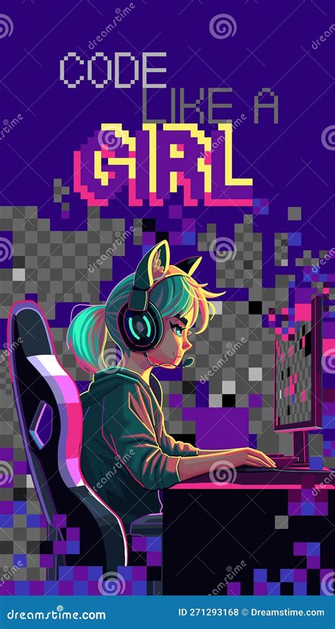 Girl Programmer With A Headset Sits In Front Of A Computer Stock Vector Illustration Of