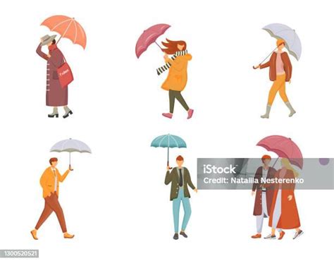 우산 평평한 색상 벡터 얼굴없는 문자 세트와 함께 걷는 사람들 비오는 날 젖은 날씨 백인 인간 흰색 배경에 남성과 여성 고립 만화 일러스트 우산에 대한 스톡 벡터 아트 및
