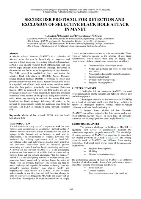 Pdf Secure Dsr Protocol For Detection And Exclusion Of Selective Black Hole Attack In Manet