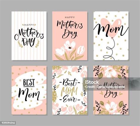 손으로 그린 꽃 꽃과 현대 브러시 서 예 어머니의 날 귀여운 인사말 카드 세트 개체 그룹에 대한 스톡 벡터 아트 및 기타 이미지 개체 그룹 공휴일 귀여운 Istock