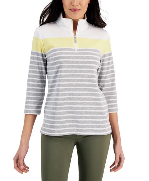 Karen Scott Striped Quarter Zip 34 Sleeve Top Smoke Grey Heather Xs