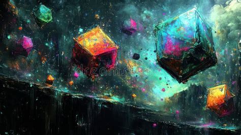 Abstract Cosmic Scene With Colorful Floating Cubes In A Vibrant Nebulous Space Background Stock