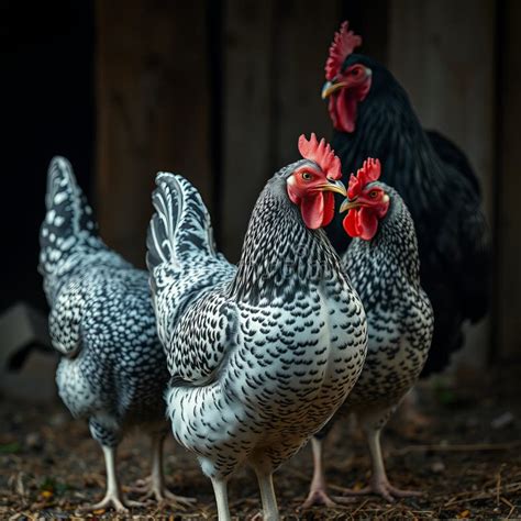 Two Speckled Black And White Hens And A Cockerel Big Black Cockerel