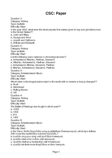 Csc180 Example 10 Csc Paper Question 1 Category History Type Multiple Difficulty Hard In