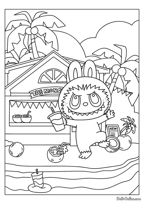 Раскраска Лабубу на пляже с кокосами распечатать раскраски для детей