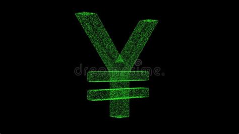 3d Sign Yen Consisting Of Green Particles And Dots Rotates On Its Axis On Black Backdrop 60 Fps