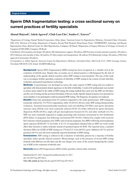 Pdf Sperm Dna Fragmentation Testing A Cross Sectional Survey On Current Practices Of