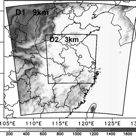 The Simulation Domains D1 D2 Of Wrf Shading Represents Topography Download Scientific