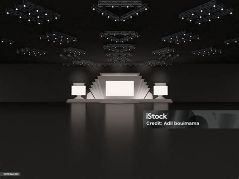 계단 정면이 보이는 이벤트 빈 무대 디자인 프로젝션을 위한 중앙 직사각형 Led 스크린과 양면 Led 및 천장 스포트라이트 시스템 내부 홀 3d 렌더링 그림 0명에 대한