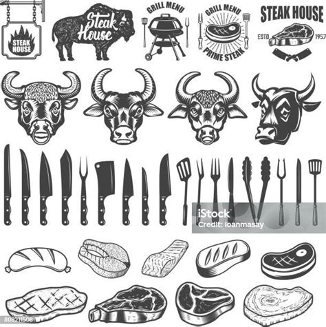 바베 큐 및 그릴 라벨 및 디자인 요소 집합입니다 황소와 암소 머리 정육점 도구 그릴 아이콘 레이블 배지 엠 블 럼 사인 메뉴 포스터 디자인 요소입니다 부엌 칼에 대한 스톡