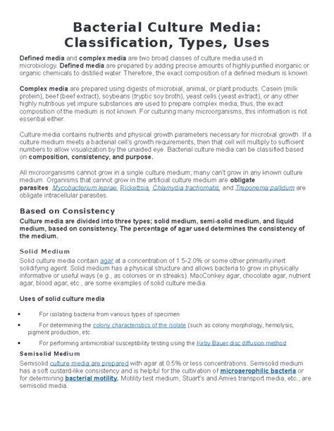 Bacterial Culture Media Bacterial Culture Media Classification