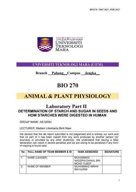 BIO Lab BIO LAB REPORT UNIVERSITI TEKNOLOGI MARA UiTM Branch Pahang Campus