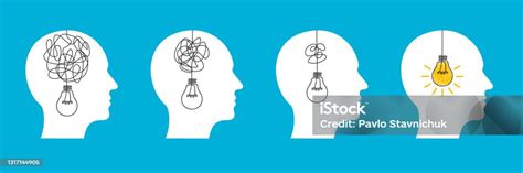인간 머리 실루엣 심리 치료 개념 전구 아이디어와 낙서 브레인 스토밍 치료사와 환자 남자 머리에 얽힌 매듭과 순서와 뇌 정신 문제 해결 벡터 개념에 대한 스톡 벡터 아트 및