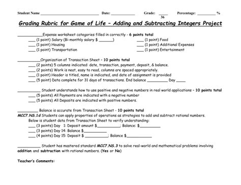 Grading Rubric For Game Of Life Adding And Subtracting Integers