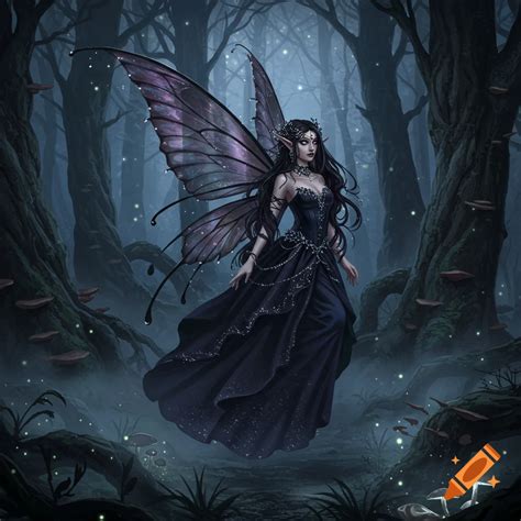 A Gothic Dark Fairy With Purple Wings And A Black Dress Floats In A