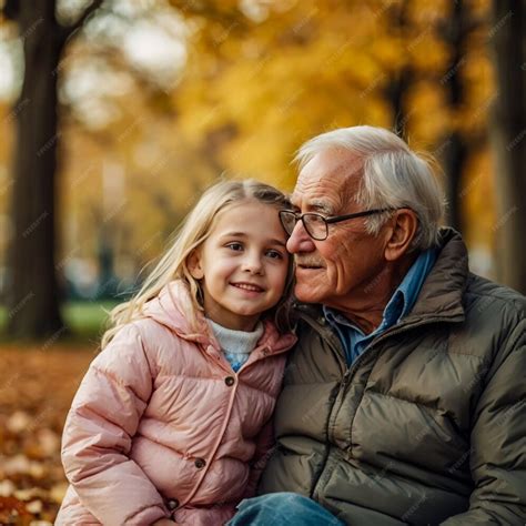 Premium Photo An Older Man And A Young Girl Are Sitting In The Leaves