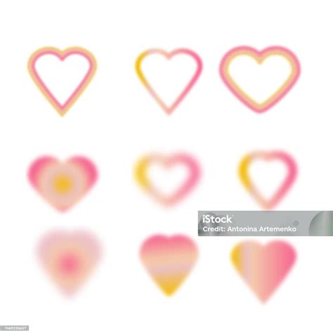 흐릿한 핑크 하트 아우라 미적 요소 트렌디한 Y2k 스타일 디자인 템플릿입니다 현대 그루비 미니멀리스트 흐릿한 그라데이션 하트 소셜 미디어 또는 로고 요소 벡터 세트 개체