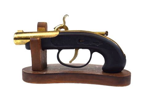 Vintage Flintlock Pistol Cigar Cigarette Lighter Gun W Wood Stand Made