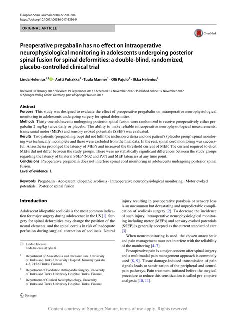 Preoperative Pregabalin Has No Effect On Intraoperative Neurophysiological Monitoring In