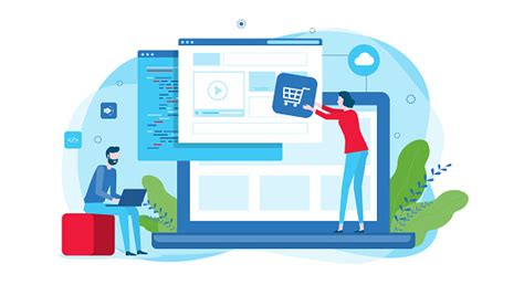 개발자 및 디자이너 팀은 웹 방문 배너 배경 개념을위한 온라인 웹 사이트 및 평면 벡터 일러스트 디자인을 구축 개발에 대한 스톡