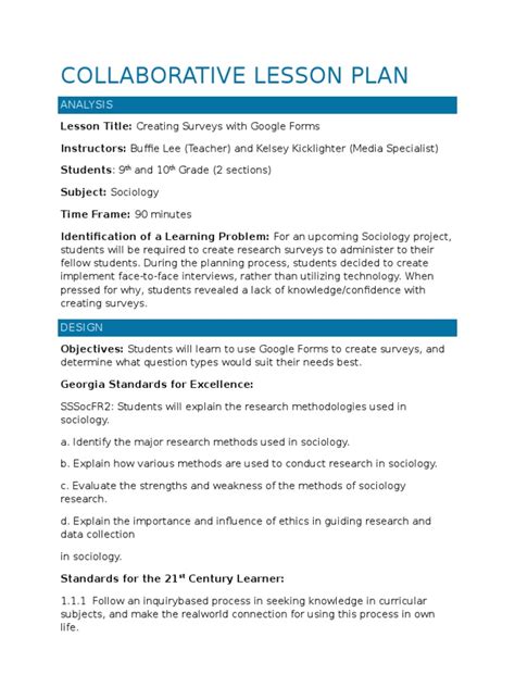 Collaborative Lesson Plan Pdf Lesson Plan Evaluation