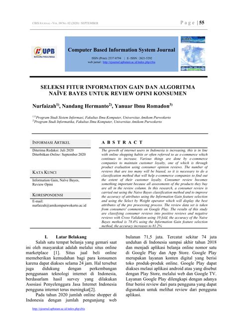 Pdf Seleksi Fitur Information Gain Dan Algoritma NaÏve Bayes Untuk Review Opini Konsumen