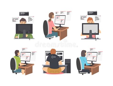 Web Developer Or Programmer Working In Front Of Computer Screen Vector Illustration Set Stock