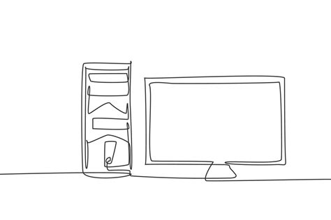 Single Continuous Line Drawing Of Cpu Computer And Screen Monitor Electronic Business Company
