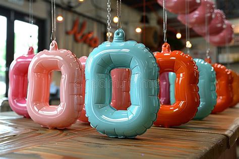 various colored letters hanging in a row from strings against a neutral