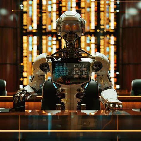 A Humanoid Robot Judge Stands In A Futuristic Courtroom Its Metallic Body Glowing With Digital