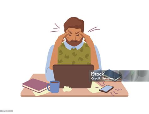 작업에 집중하고 완료하려고 노력하는 직원 문제 및 과부하를 다루는 랩톱을 가진 벡터 작업자 직장에서의 스트레스와 압력 좌절