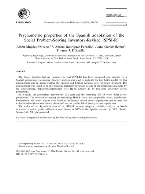 Pdf Psychometric Properties Of The Spanish Adaptation Of The Social Problem Solving Inventory